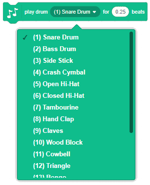 play drum () for () beats - PictoBlox Block | Music
