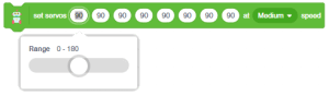 set servos () () () () () () () () at () speed - PictoBlox Block | Quadruped (Quarky)