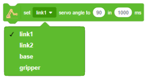 set () servo angle to () in () ms - PictoBlox Block | Quarky Robotic Arm